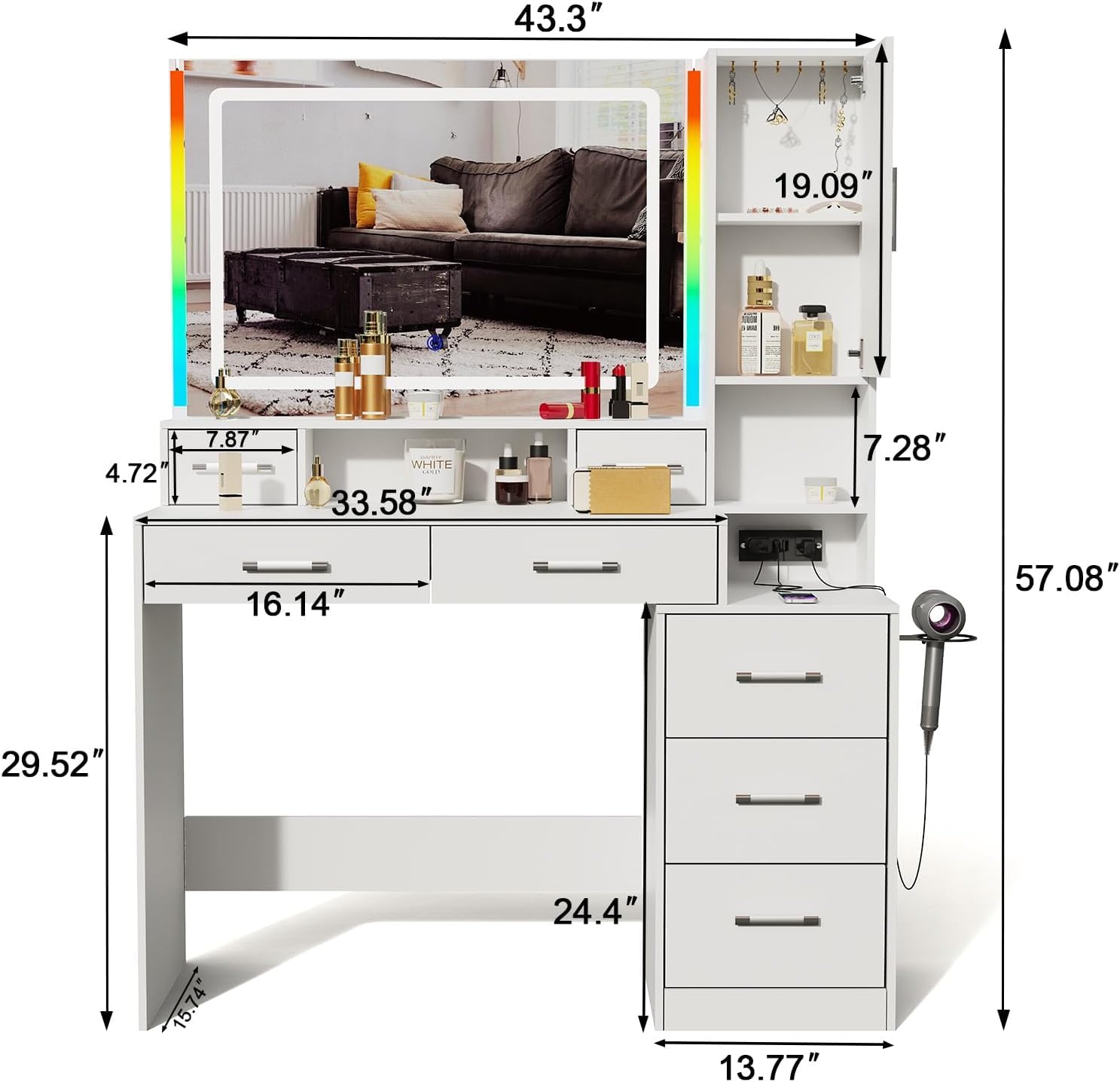 Hiwelldas Vanity Desk with Mirror and Lights, 43.3'' Large Makeup Vanity Table with Ambient Light 3 Lighting Modes Brightness Adjustable, Dressing Table with with Charging Station,7 Drawers