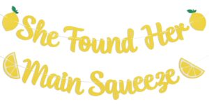 she found her main squeeze banner - spritz o’clock banner, lemon citrus lemonade theme bridal shower bride to be wedding engagement bachelorette party supplies gold glitter