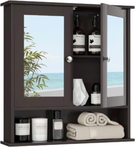 relax4life wall bathroom cabinet with mirror - wood over the toilet storage cabinet space saver w/2 doors, adjustable shelf & open compartment, modern wall mount medicine cabinet (brown)