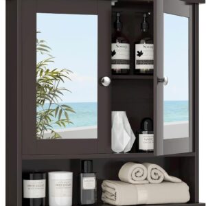 RELAX4LIFE Wall Bathroom Cabinet with Mirror - Wood Over The Toilet Storage Cabinet Space Saver w/2 Doors, Adjustable Shelf & Open Compartment, Modern Wall Mount Medicine Cabinet (Brown)