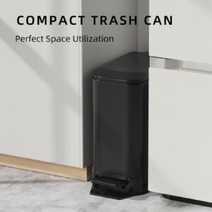 KUK Small Bathroom Trash Can with Lid, 6L/ 1.6 Gallon Stainless Steel Garbage Can with Removable Inner Bucket, Slim Step Pedal Trash Bins for Bedroom, Office (Matte Black)