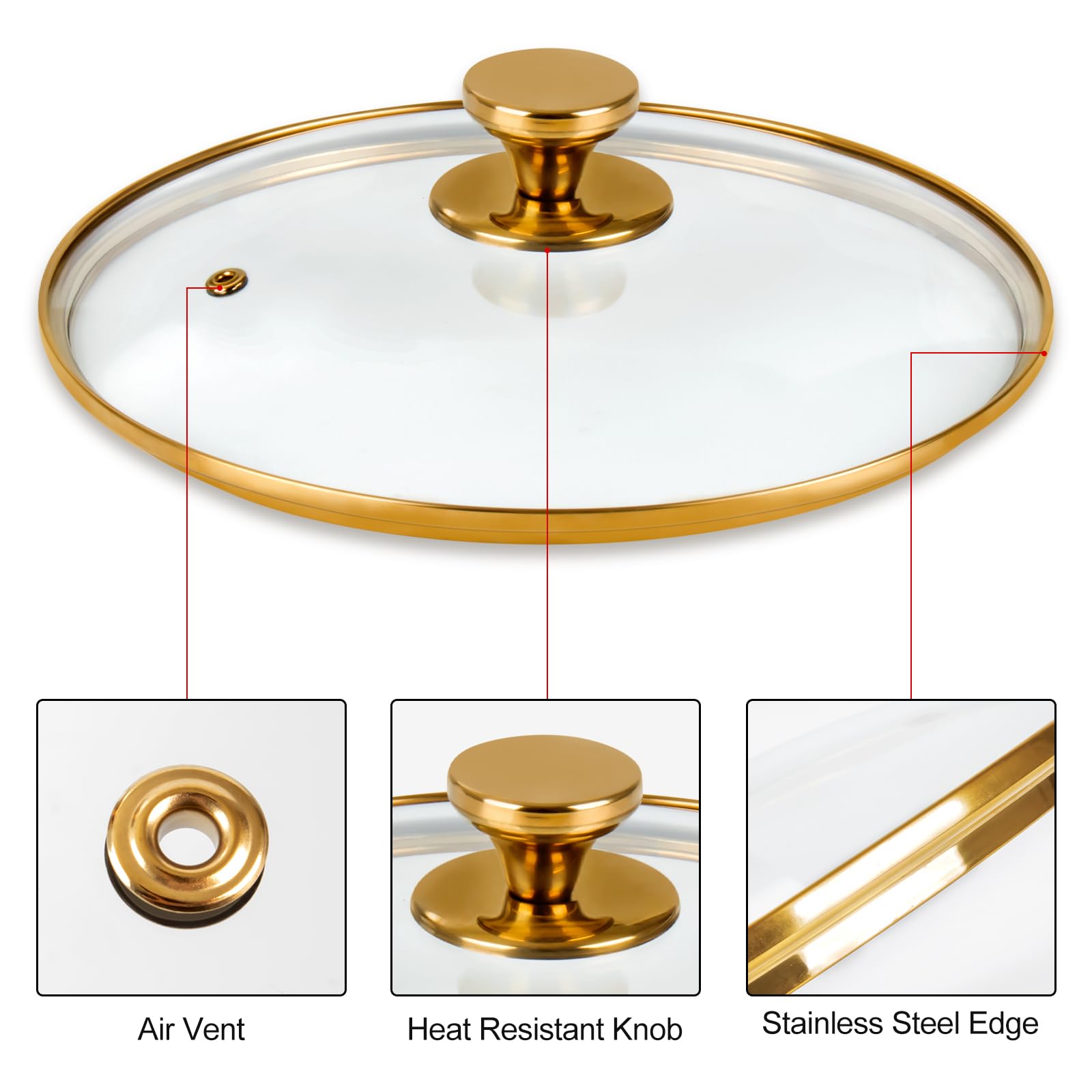 Tempered Glass Lid 10 Inch, Universal Glass Pan Lid with Metal Handle, Glass Covers for Pots,Pans and Skillets, Dishwasher Safe, Gold