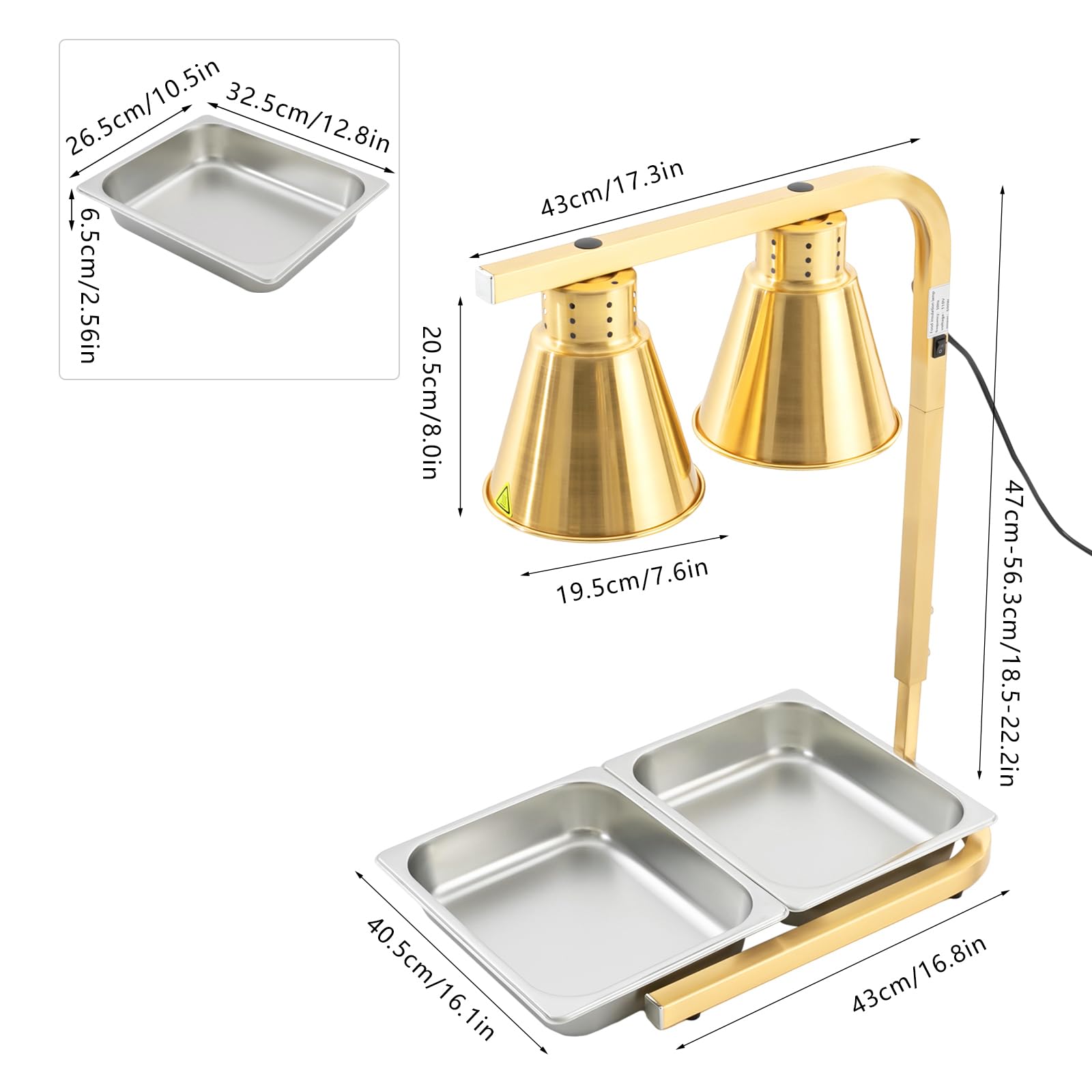 500W Food Heat Lamp with Two Food Pans, Double Head Electric Heat Lamp for Food Catering Buffet Restaurant Temperature: 50℃/122℉ (Gold)