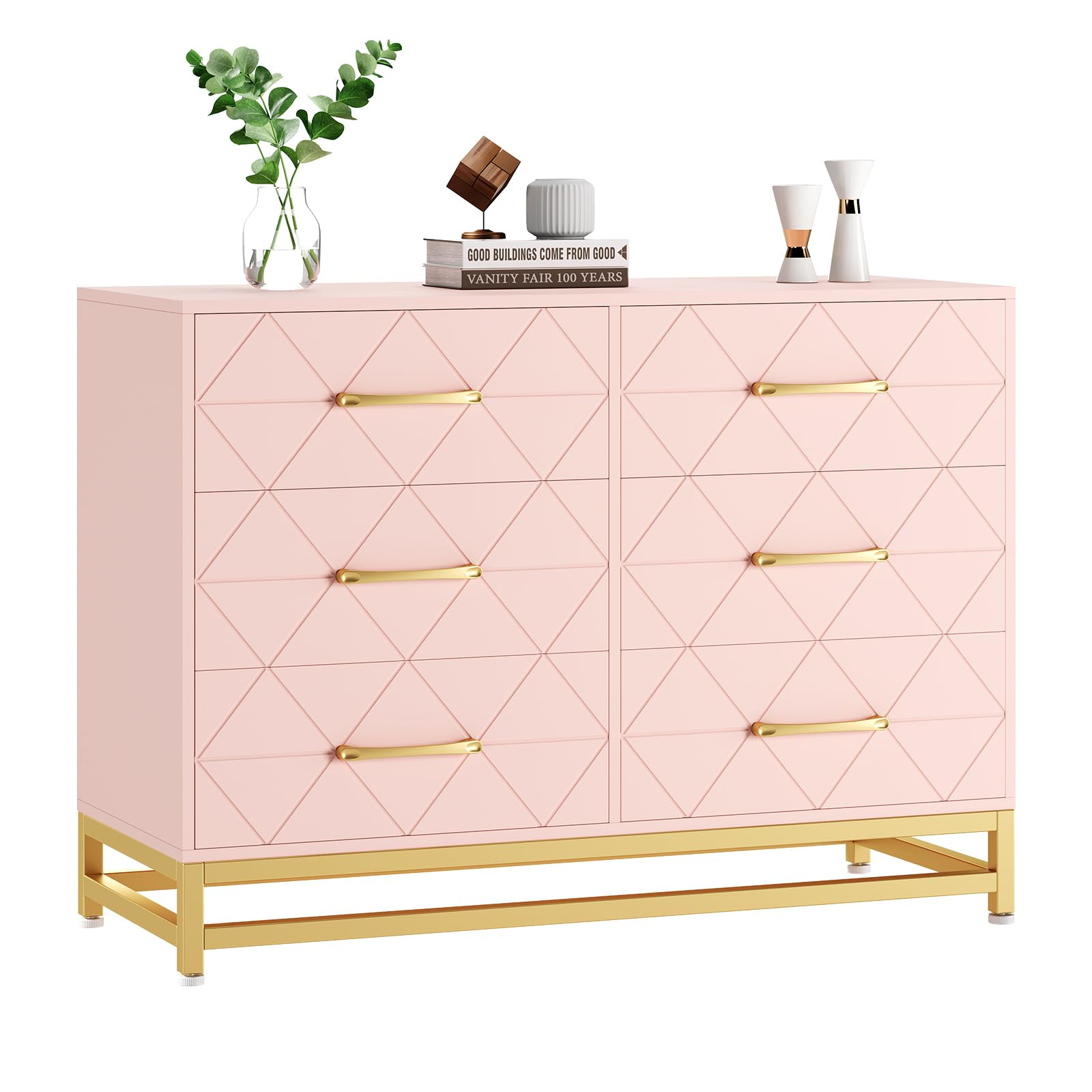 GarveeHome Dresser for Bedroom with 6 Drawer Double Dressers, Modern Wooden Dresser Chest, Beside Table for Closet, Nursery, Living Room, Pink