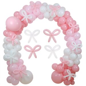 pink and white balloon arch garland kit, 18" 10" 5" pink bow balloon arch with white pink bow balloons for girls birthday party decorations baby shower bachelorette bow theme party supplies