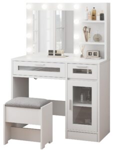 secret natural vanity mirror with lights desk & stool, makeup table set with drawers, vanity table for bedroom with storage shelves & acrylic cabinet, 3 lighting modes adjustable brightness, white