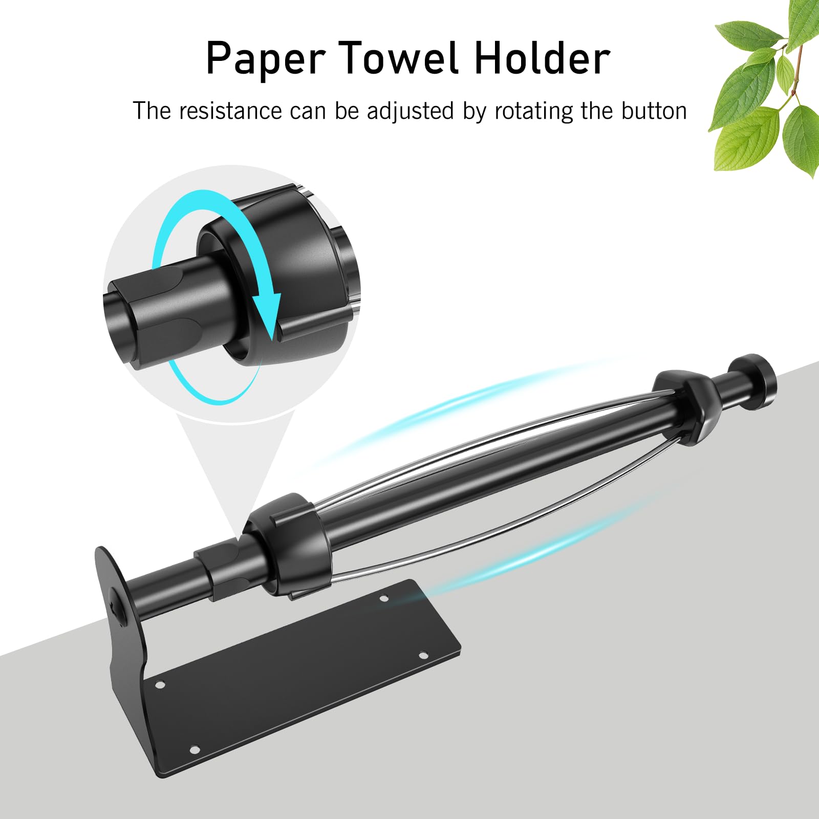 SetSail Paper Towel Holder, Single Hand Operable Paper Towel Holder Under Cabinet with Adjustable Damper Easy Tear Paper Towel Holder Wall Mount for Kitchen Bathroom, Adhesive or Screw, Black