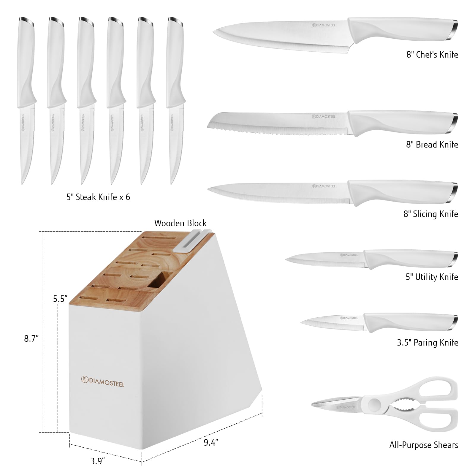 diamosteel White Knife Set with Block, 13 Pieces Knife Block Set with Built-in Sharpener Scissors for Kitchen, High Carbon Stainless Steel Knife Set