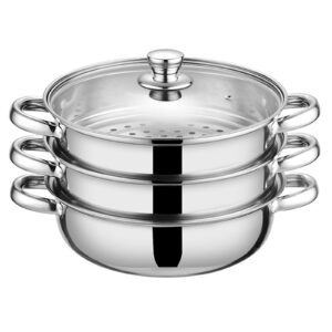 steamer pot for cooking 11-inch steam pots with lid, multipurpose steam pot stainless steel steaming pot cookware with handle for vegetable, stews, pasta, dumpling, sauce, food (3 tier)