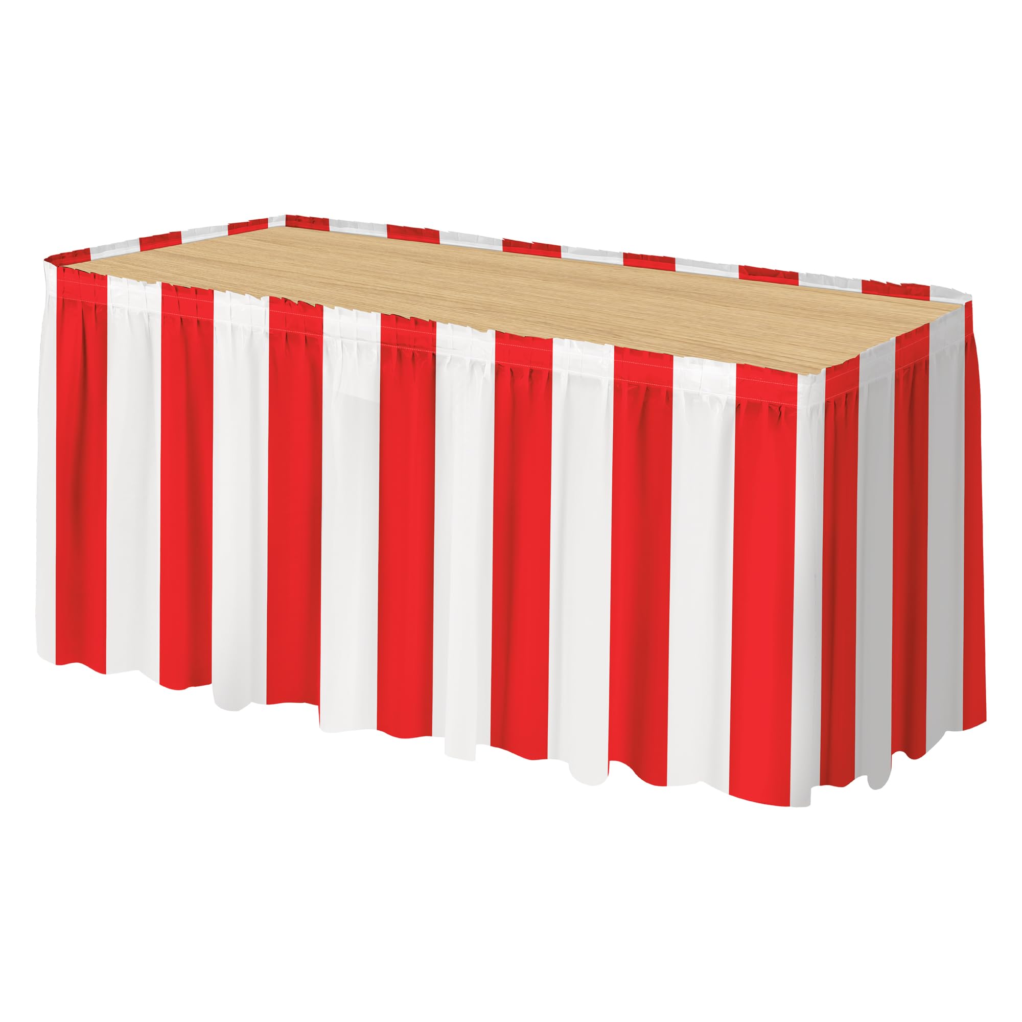 durony 1 Pack Red and White Striped Table Skirt Circus Theme Party Supplies Carnival Table Skirt for Carnival Home Party Decoration, 165 x 30 Inches