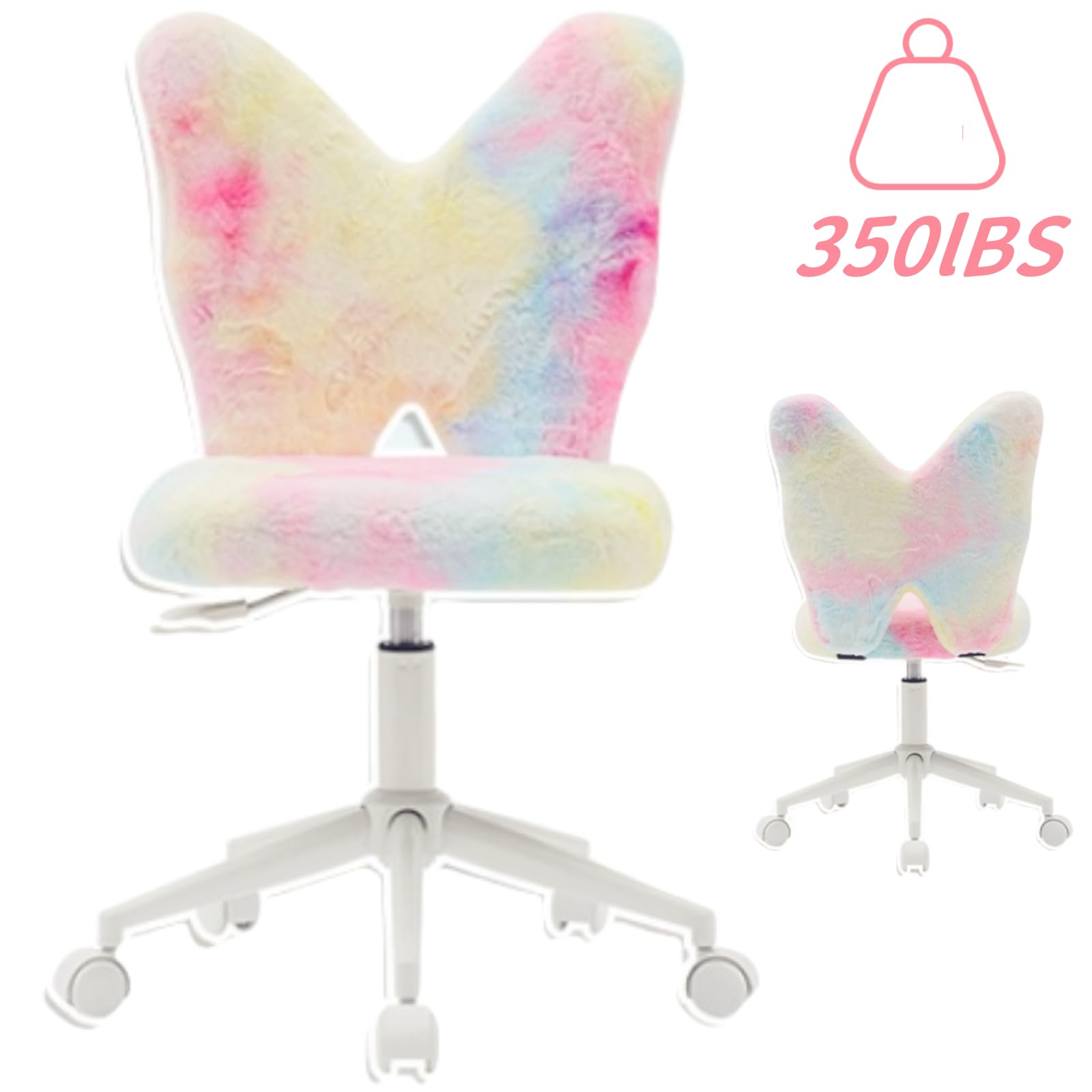 BlissInno Kids Chair, Cute Fuzzy Butterfly Girls Desk Chair, Rolling Study Reading Chair for Girls, Comfy Swivel Computer Chair with Wheels & Back, Adjustable Childrens Vanity Chair for Bedroom