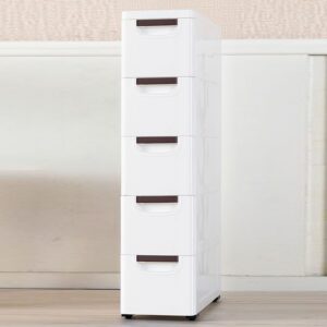 5 Drawers Narrow Slim Plastic Storage Cabinet,Storage Drawer with 4 Wheels,5 Tier Drawers Dresser,White