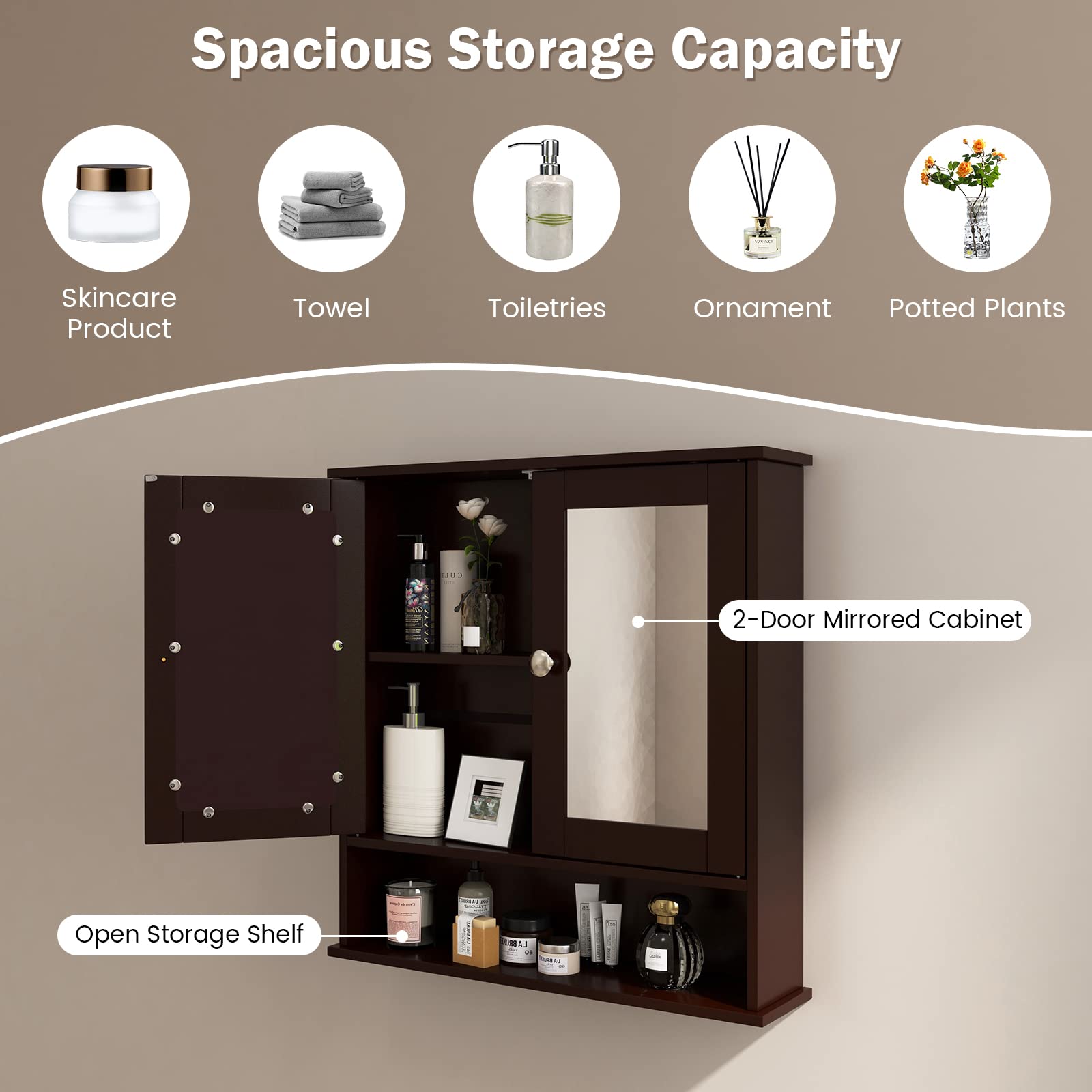 RELAX4LIFE Wall Bathroom Cabinet with Mirror - Wood Over The Toilet Storage Cabinet Space Saver w/2 Doors, Adjustable Shelf & Open Compartment, Modern Wall Mount Medicine Cabinet (Brown)