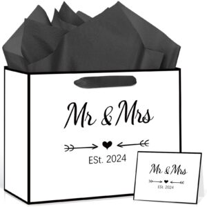 est 2024 wedding gifts bag bridal shower gift bags white black mr & mrs gifts bag with tissue paper and card christmas wedding gift wrapping paper bag bridal anniversary wedding shower gift bag