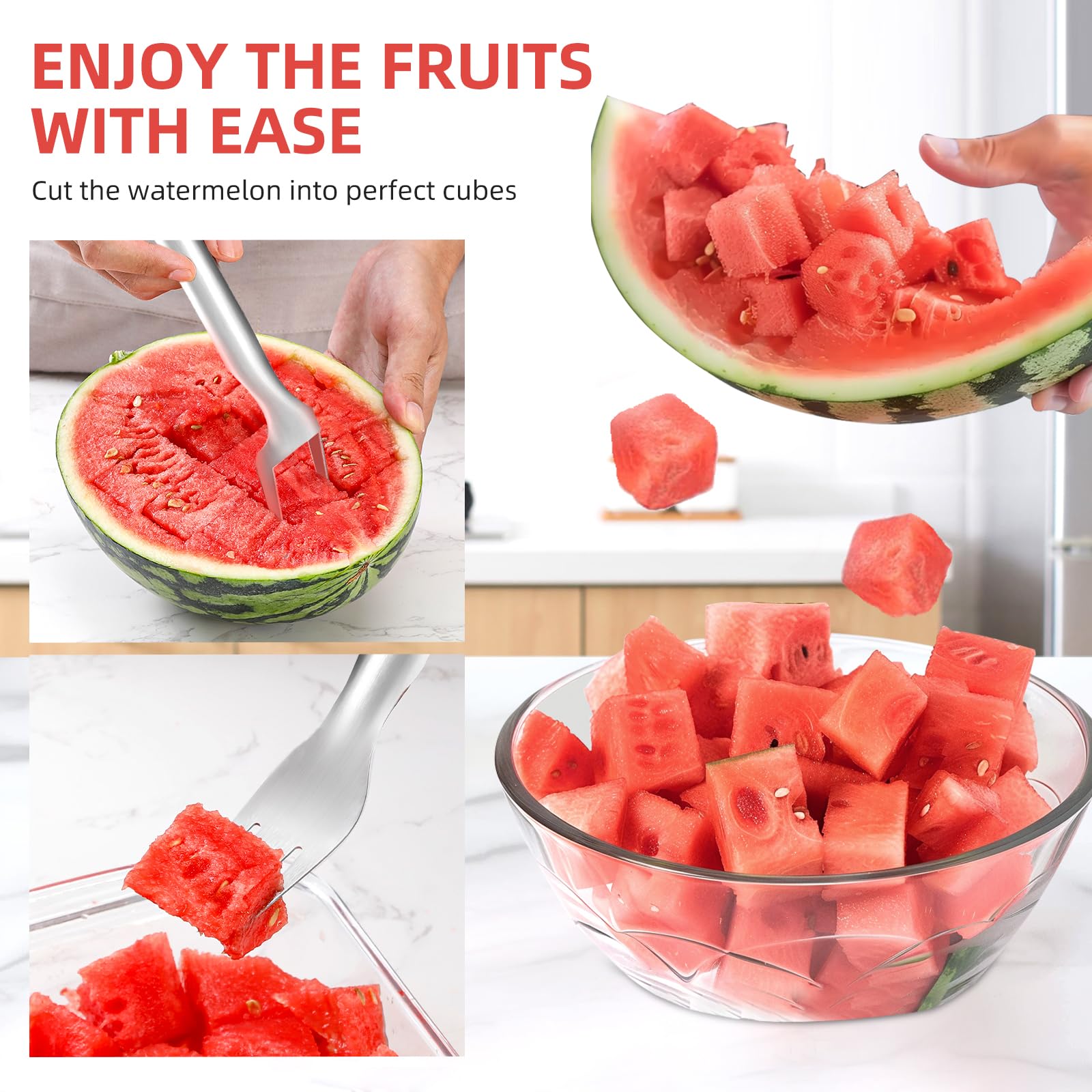 2-in-1 Stainless Steel Watermelon Fork Slicer Cutter - 2PC Double Pack, 2024 Upgrade, Dual Head Fruit Fork Slicer for Effortless Summer Fruit Cutting at Home, Parties, and Camping