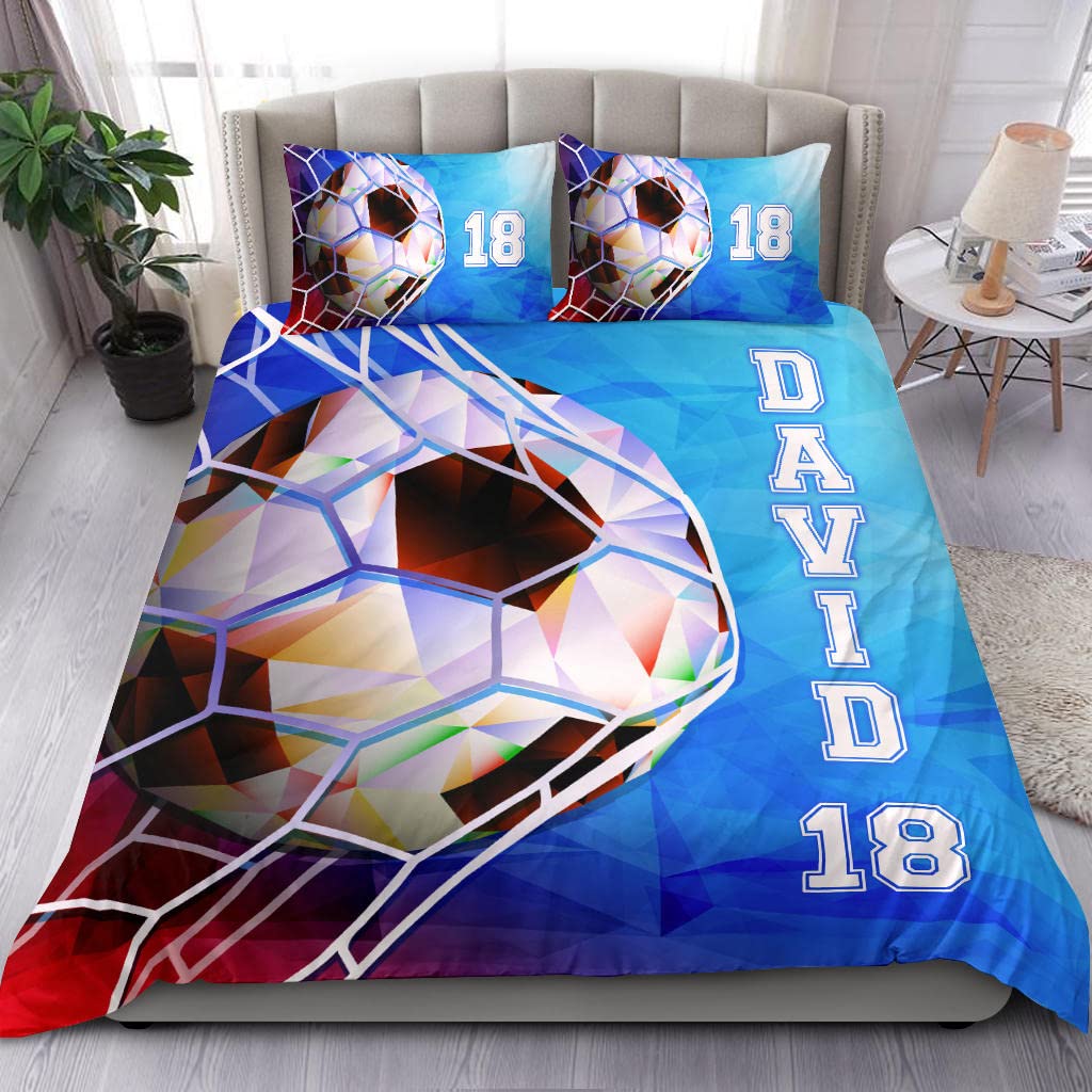 OhaPrints Custom Soccer Blue Geometric Pattern Player Gift Personalized Name Number Duvet Cover & Pillowcase, Lightweight Duvet Protector Comforter Cover, Twin Full Queen King Size Bedding Bed Set