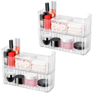 4-tier medicine cabinet shelves organizer, stackable makeup organizer tray, transparent cosmetic display case with lip gloss holders & cotton swab pad boxes, for bathroom cabinet wall, counter, vanity