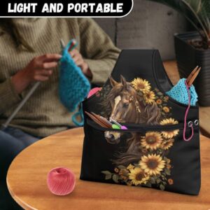 doginthehole Sunflowers Horse Knitting Bag with Front Zipper Pocket, Animals Print Yarn Bag for Crocheting On The Go Crochet Bag Large Size