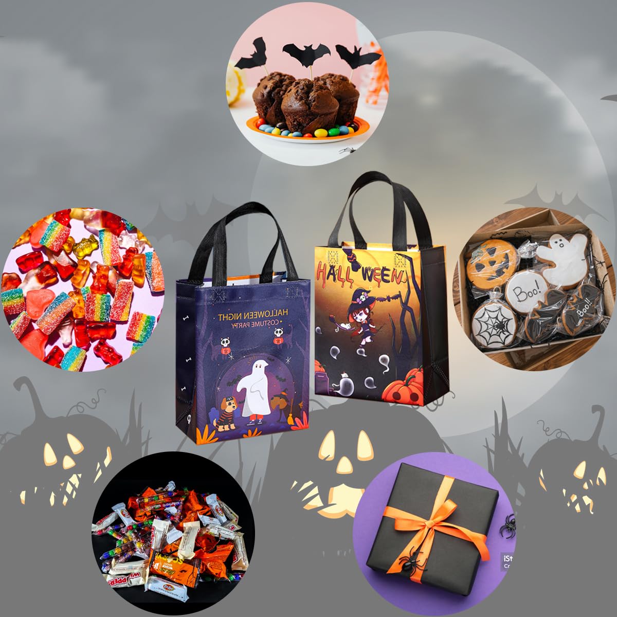 ZJHiome Halloween Trick or Treat Bags,6Pcs Halloween Bags with Handles,Non-Woven Reusable Tote Candy Bags for Halloween Party Supplies