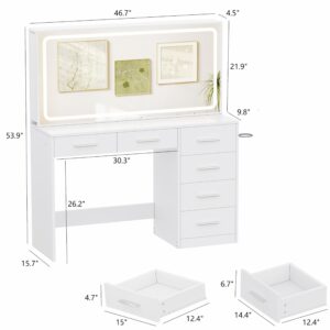 Keehusux 46.7" W Vanity Desk with Mirror and Lights, Makeup Vanity Table with Charging Station and Holder, Bedroom Dressing Table with 6 Drawers & Sliding Hidden Storage Shelves, White KES006WSZT