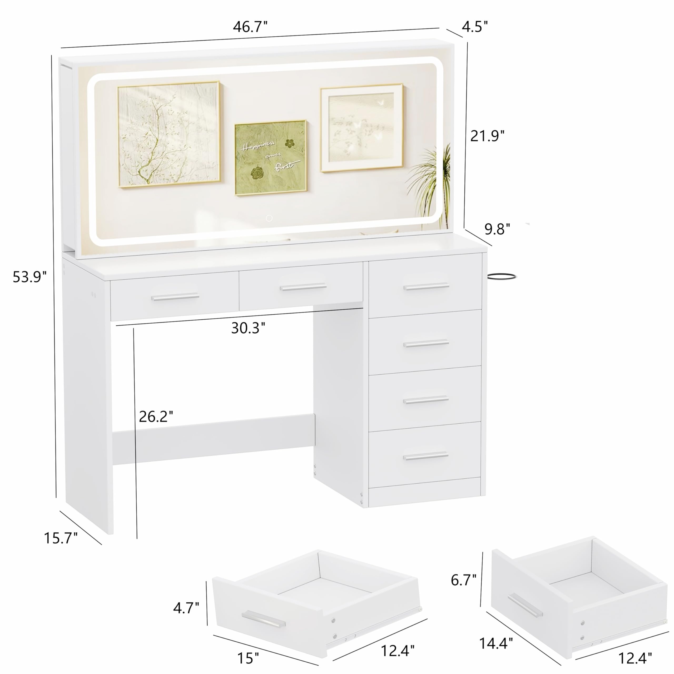 Keehusux 46.7" W Vanity Desk with Mirror and Lights, Makeup Vanity Table with Charging Station and Holder, Bedroom Dressing Table with 6 Drawers & Sliding Hidden Storage Shelves, White KES006WSZT