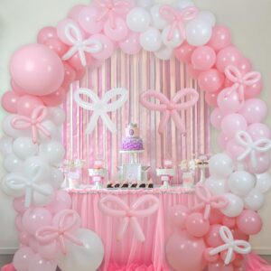 Pink and White Balloon Arch Garland Kit, 18" 10" 5" Pink Bow Balloon Arch with White Pink Bow Balloons for Girls Birthday Party Decorations Baby Shower Bachelorette Bow Theme Party Supplies