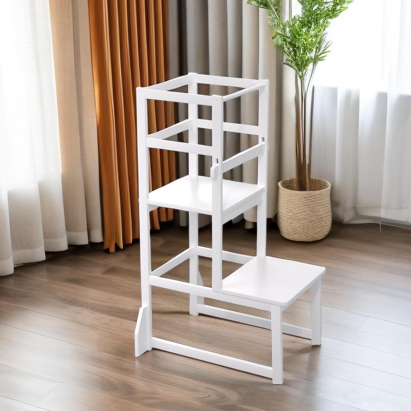 Kids Kitchen Step Stool, Adjustable Height Toddler Tower Stool with Safety Rail & Anti-Slip Feet, Wooden Kitchen Helper for Toddlers 18 Months and Older, White