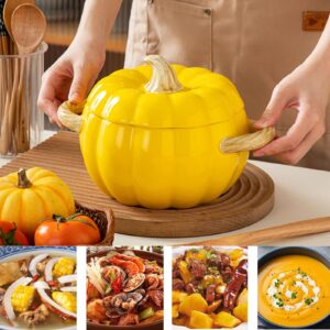 Dutch Oven Pot with Lid, Pumpkin Pottery Dessert Saucepan, Mini Baking Dish Cute Pumpkin Bowl, Covered Dutch Oven Ceramic Stockpot, Pumpkin-Shaped Casserole (Yellow)