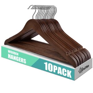 uinicor wood hangers -10 pack- wooden hangers,heavy duty wooden coat hangers,smooth finish wooden clothes hangers with non slip pants bar, sturdy clothes hangers for shirts,suit（walnut）