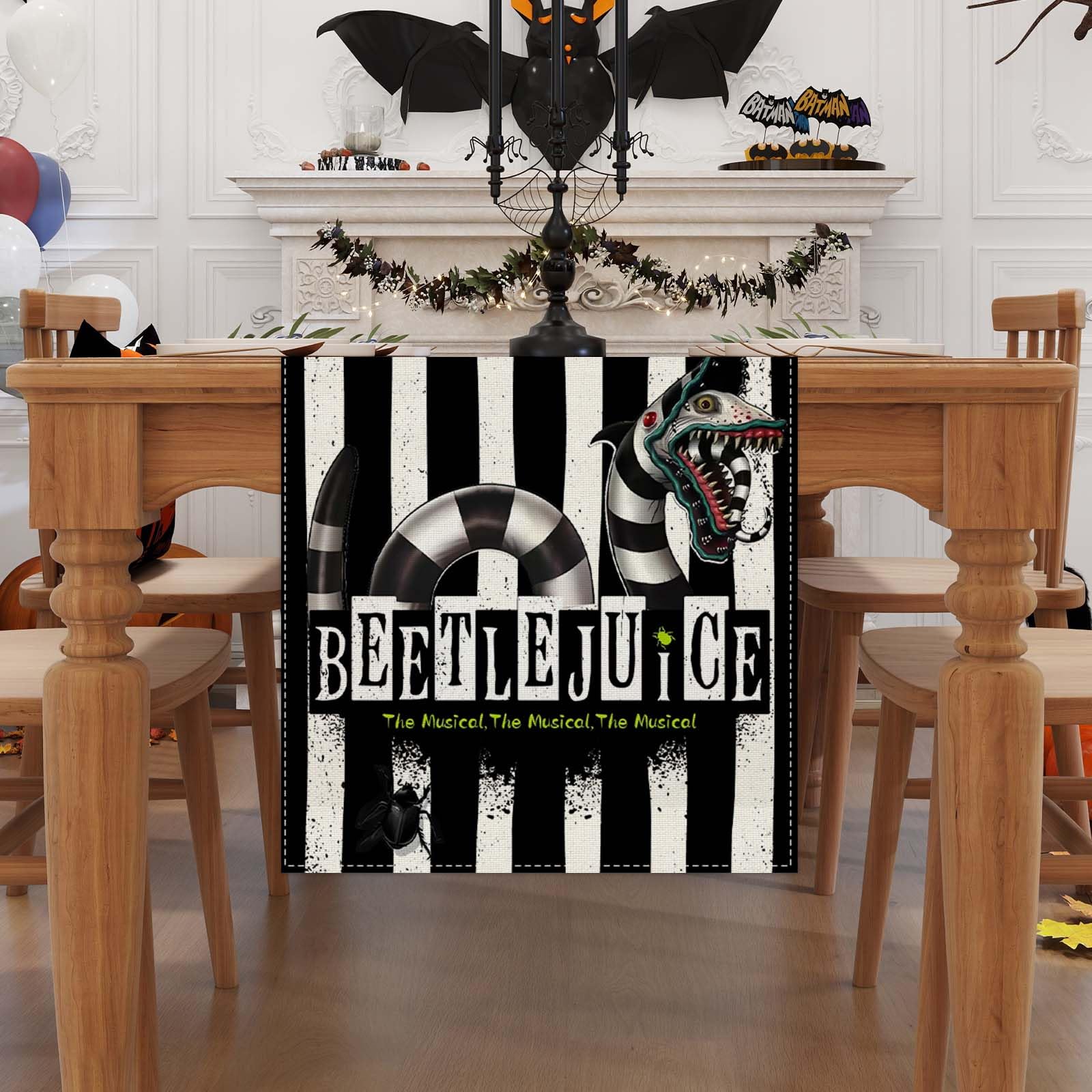 Linen Black and White Stripe Beetlejuice Halloween Table Runner 72 Inches Long Scary Halloween Birthday Party Decorations and Supplies for Home Kitchen Dining Room Table