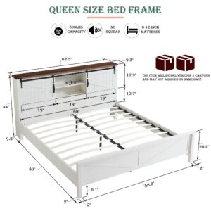 RedLemon Farmhouse Queen Size Bed Frame with Bookcase Headboard, Sliding Barn Door, Storage Cabinet, Charging Station, Wood Slats Support, No Box Spring Needed, Antique White