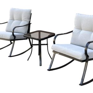 CHARMMA 2pcs Patio Rocking Chairs with Steel Frame and Soft Cushions,Rocker Set Chair and Teapoy,Outdoor Rocking Chair with Armrest for Lawn,Backyard,Porch Garden Bistro Set Off White