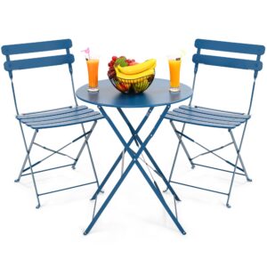 kromax outdoor patio bistro set, folding bistro table and chairs set, 3 piece folding patio furniture set, space saving, blue