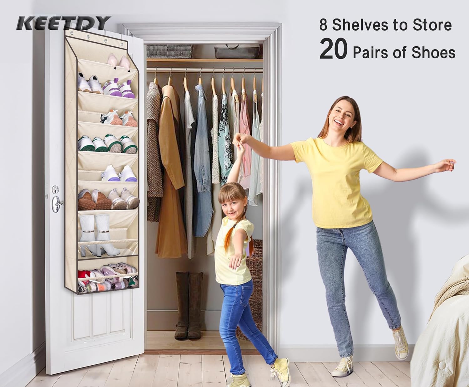 KEETDY Over The Door Shoe Organizer Fit 20 Pairs Sneakers Large Hanging Shoe Organizer for Closet Door Storage Boots, Beige