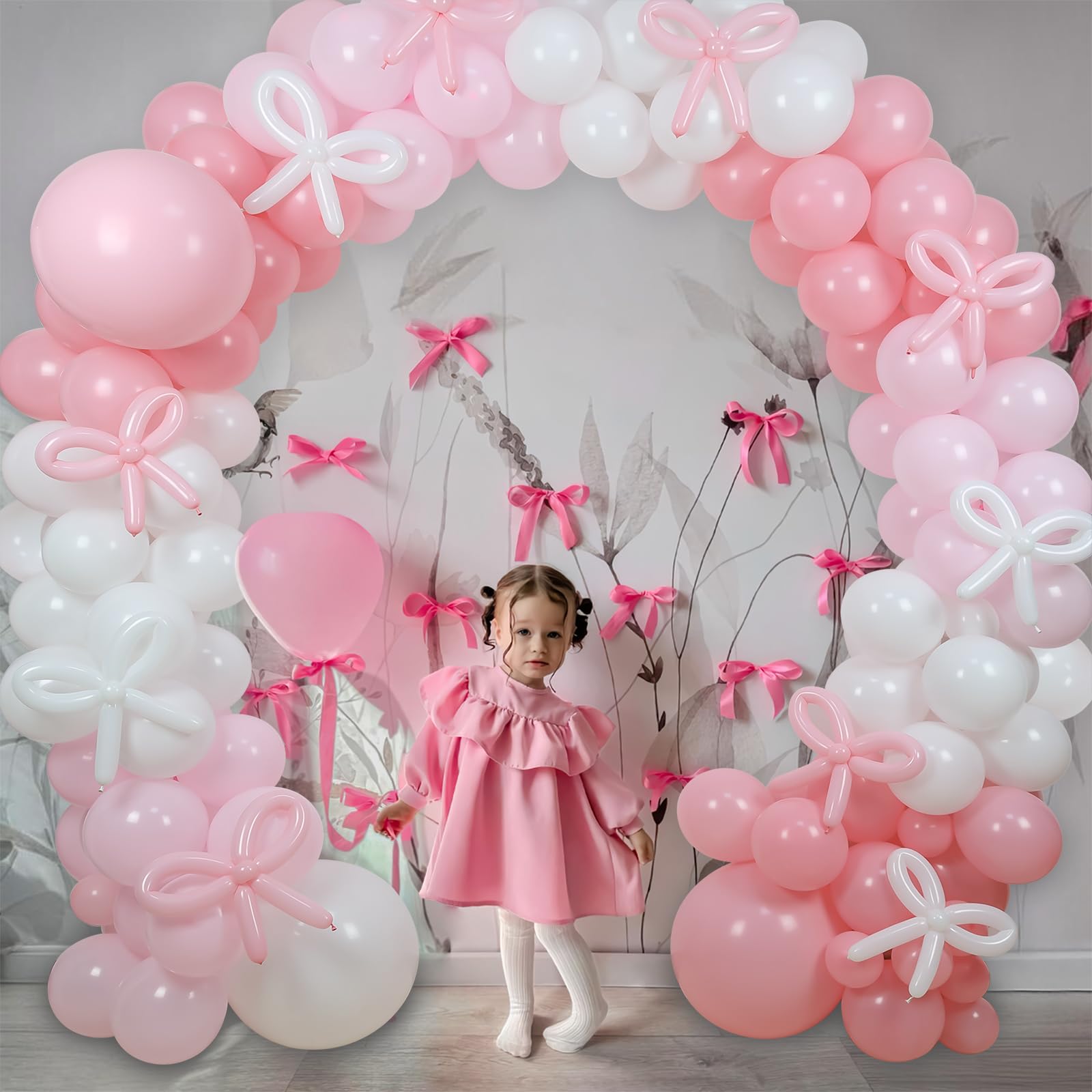 Pink and White Balloon Arch Garland Kit, 18" 10" 5" Pink Bow Balloon Arch with White Pink Bow Balloons for Girls Birthday Party Decorations Baby Shower Bachelorette Bow Theme Party Supplies