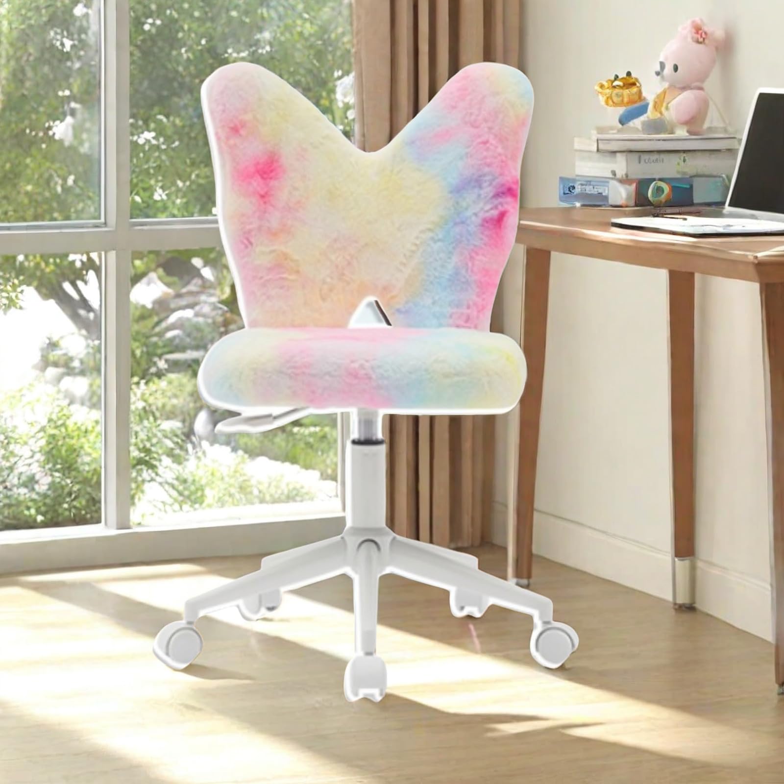 BlissInno Kids Chair, Cute Fuzzy Butterfly Girls Desk Chair, Rolling Study Reading Chair for Girls, Comfy Swivel Computer Chair with Wheels & Back, Adjustable Childrens Vanity Chair for Bedroom