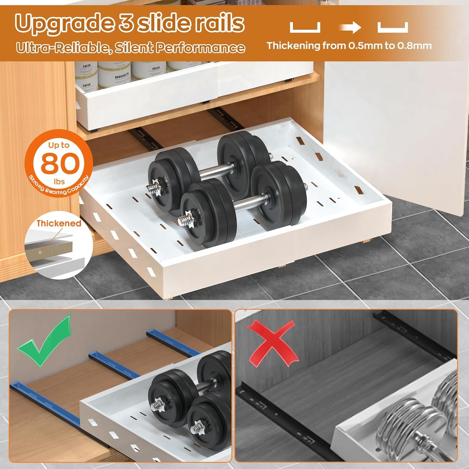 Pull Out Cabinet Organizer Pull Out Drawers for Cabinets with 4pcs Divider Racks, 12.8"-20.5" W and 16.5" D Adjustable Heavy Duty Cabinet Pull Out Shelves Kitchen Cabinets Slide Out Drawers