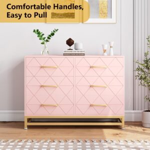 GarveeHome Dresser for Bedroom with 6 Drawer Double Dressers, Modern Wooden Dresser Chest, Beside Table for Closet, Nursery, Living Room, Pink