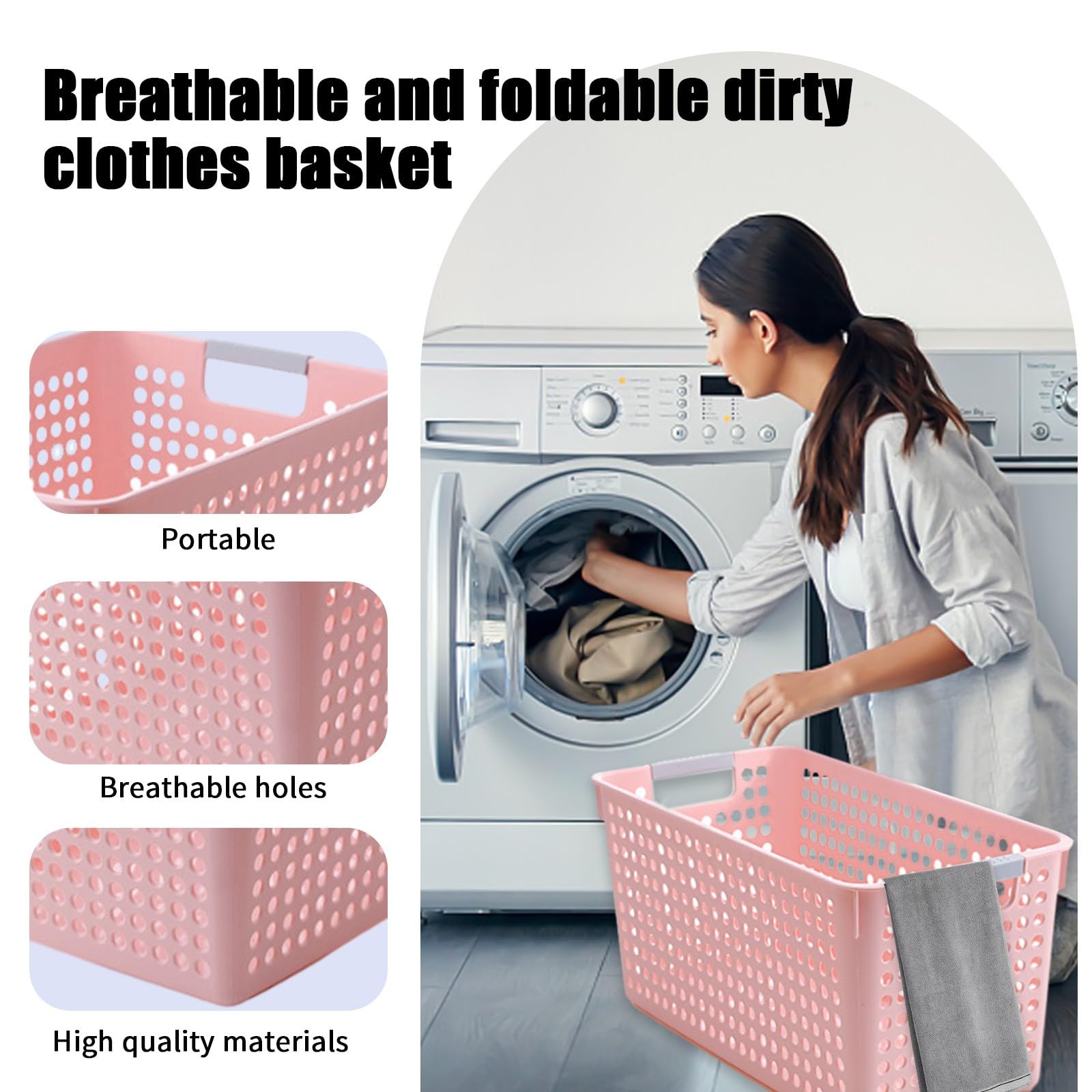 Laundry Basket With Silvery Handle, Lightweight Laundry Hamper, 2 Bushels, Plastic Laundry Basket For Closet, Dorm, Laundry Room, Bedroom, Large Laundry Basket, Home Closet Clothes Basket (Pink)