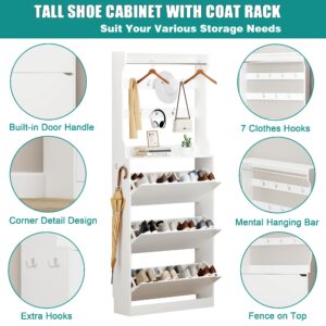 Shoe Cabinet for Entryway with 3 Flip Drawers, White Tall Wood Shoe Storage Cabinet with Coat Rack, Narrow Hidden Slim Freestanding Shoe Rack Organizer, 2 in 1 Hall Tree for Living Room, Hallway