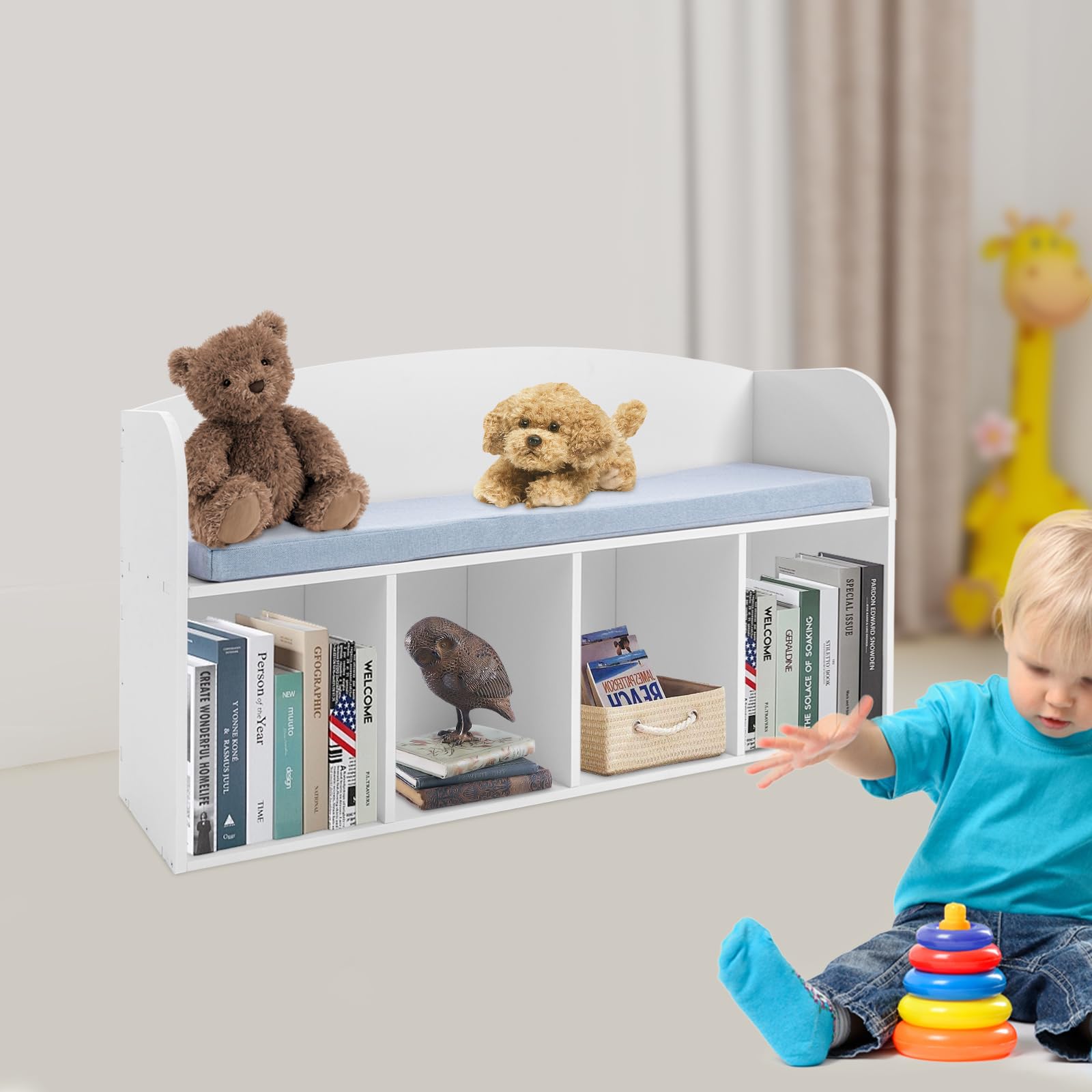 TFCFL Kids Bookshelf with Reading Nook, Book Display Case with Soft Cushion, Storage Bench with Book Rack, Low Square Book Cabinet, for Living Room Bedroom Decor Books