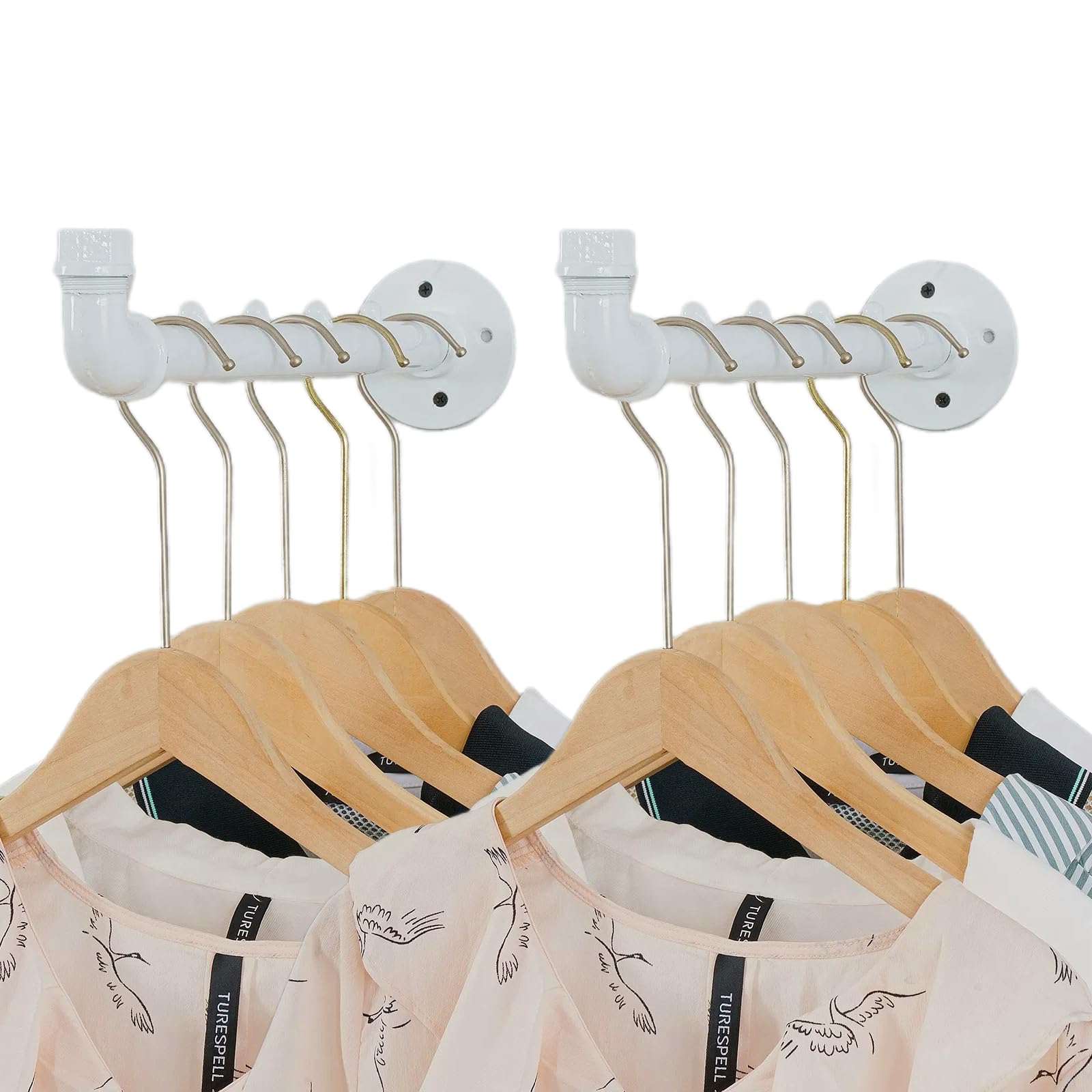 Industrial Wall Pipe Clothing Racks - Heavy Duty Metal Clothes Hanger with Hook, Wall-Mounted Garment Holder Racks,Wall Clothing Bar/Coat Hanging Rail/Hanging Rod for Closet Storage, 2 Pack, White