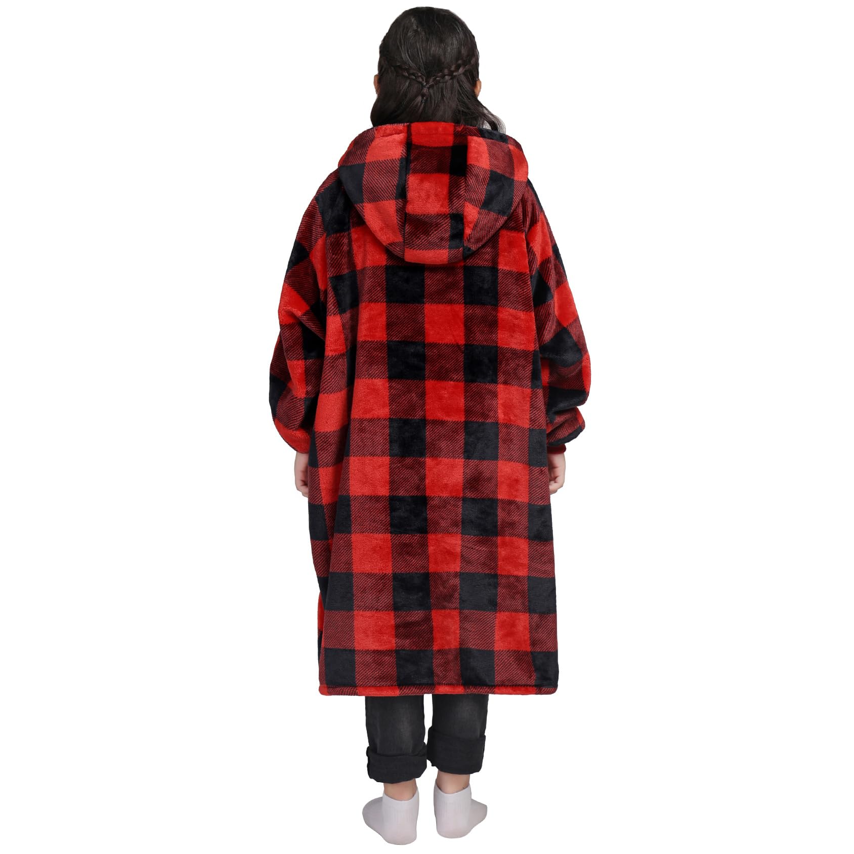 Waitu Wearable Blanket for Kids, Wearable Blanket Hoodie Gifts for Teens Girls and Boys, Warm Blanket Sweatshirt for Teenage, Hoodie Blanket with Sleeves - Red and Black Plaid