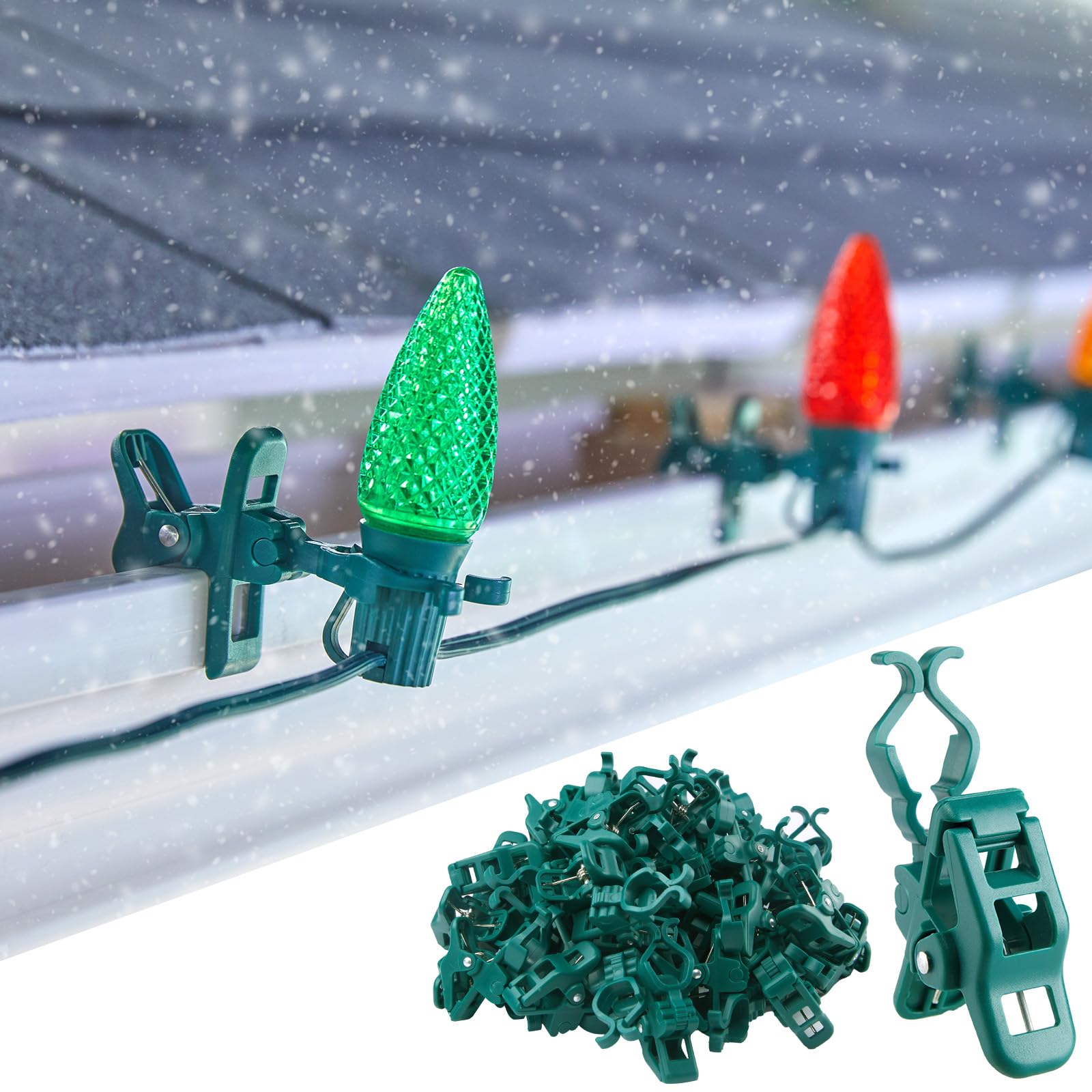 Minetom C7 C9 Christmas Light Clips Outdoor, 100 Count Universal Quick Christmas Light Spring Clips for Outside Roof Gutter Shingle Fence E12 E17 Base