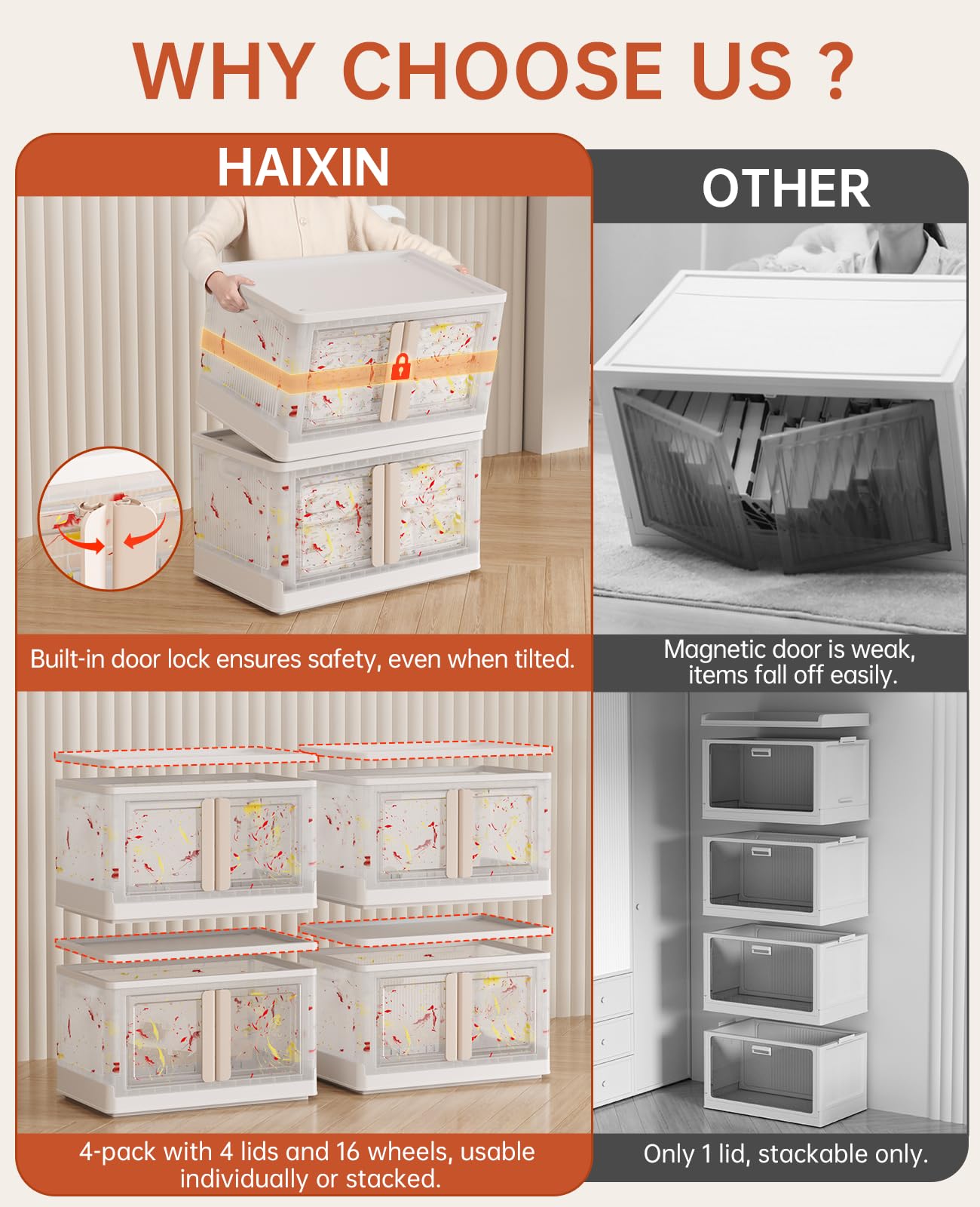 HAIXIN 400QT Stackable Storage Bins With Lids, Plastic Clear Storage Bins Collapsible Storage Drawers, 4 Pack Closet Organizers and Storage Containers with Doors and Wheels For Home, Office, Dorm