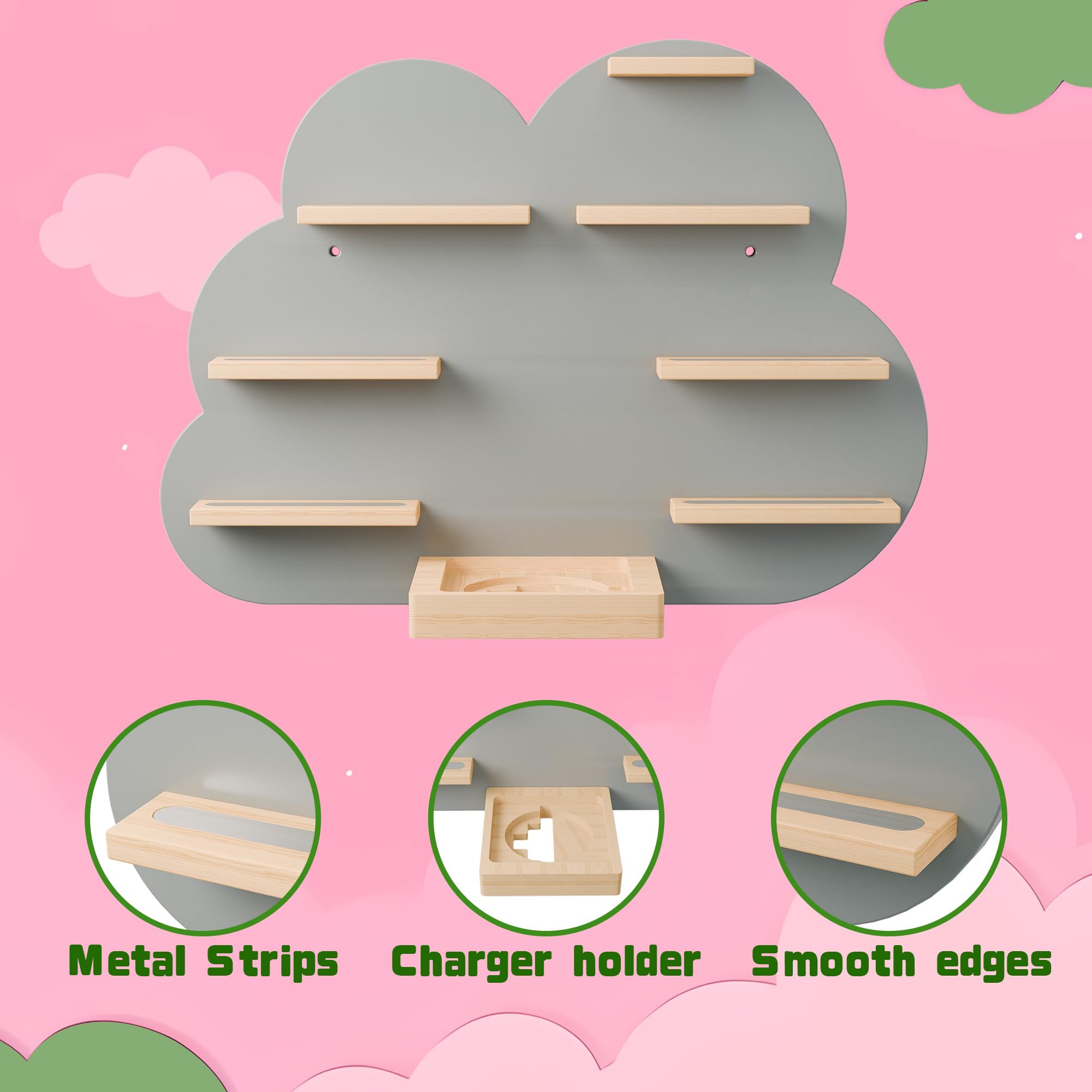 LUPWNEKA Cloud Tonie Shelf for Toniebox Storage - Unique Floating Magnetic Wall Shelf for 16-26 Tonie Figures,Grey Beech Wood Display Tonie Shelf for Children Kids, Nursery Room