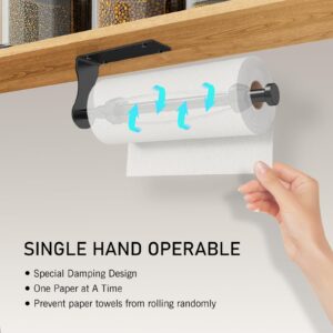 SetSail Paper Towel Holder, Single Hand Operable Paper Towel Holder Under Cabinet with Adjustable Damper Easy Tear Paper Towel Holder Wall Mount for Kitchen Bathroom, Adhesive or Screw, Black