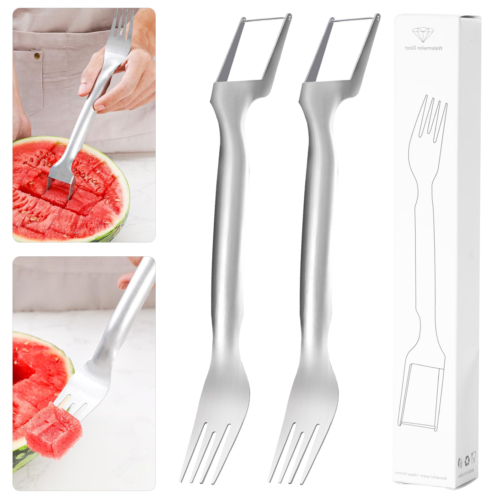 2-in-1 Stainless Steel Watermelon Fork Slicer Cutter - 2PC Double Pack, 2024 Upgrade, Dual Head Fruit Fork Slicer for Effortless Summer Fruit Cutting at Home, Parties, and Camping