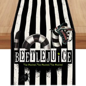 linen black and white stripe beetlejuice halloween table runner 72 inches long scary halloween birthday party decorations and supplies for home kitchen dining room table