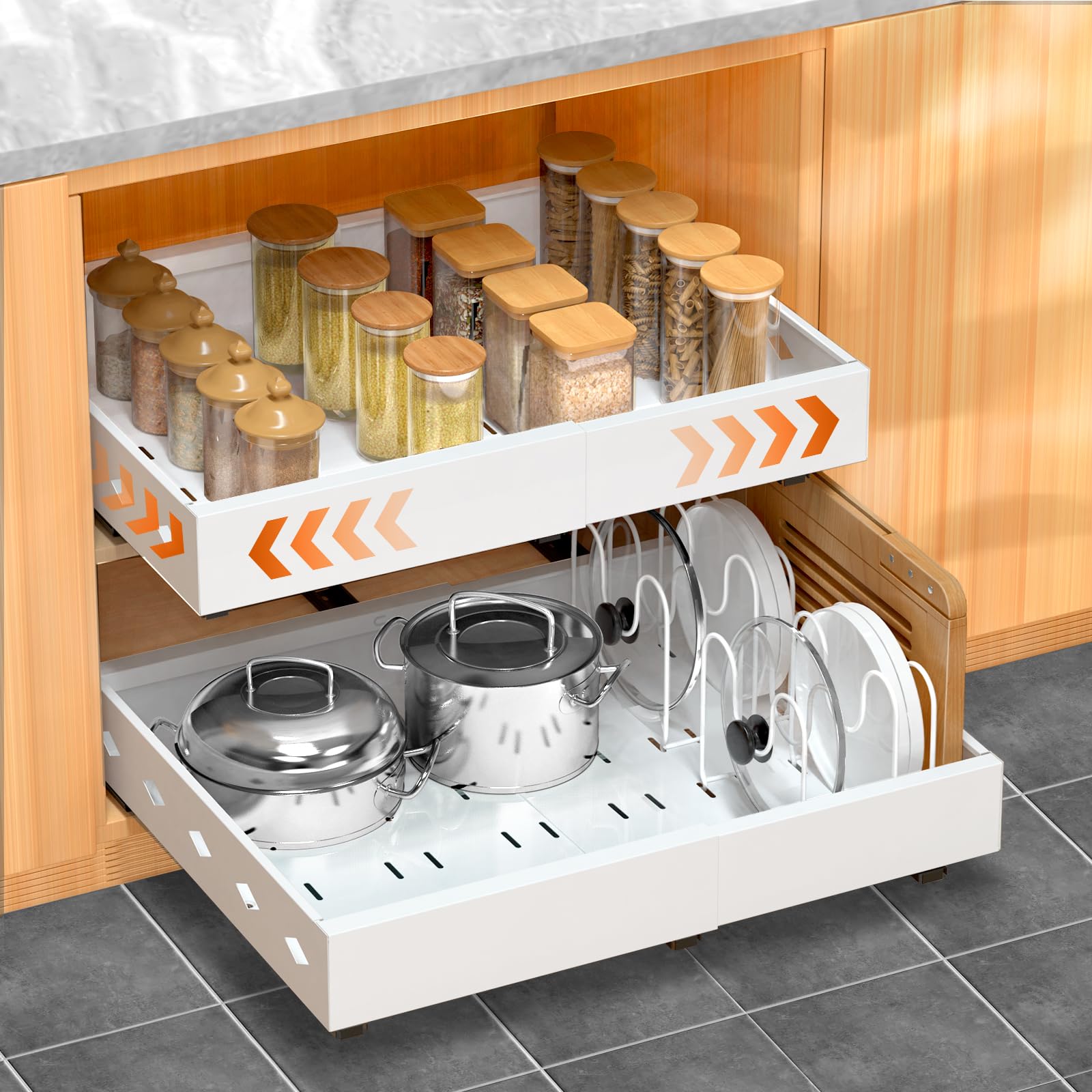 Pull Out Cabinet Organizer Pull Out Drawers for Cabinets with 4pcs Divider Racks, 12.8"-20.5" W and 16.5" D Adjustable Heavy Duty Cabinet Pull Out Shelves Kitchen Cabinets Slide Out Drawers